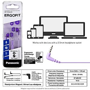 Panasonic ErgoFit Wired Earbuds, In-Ear Headphones with Microphone and Call Controller, Ergonomic Custom-Fit Earpieces (S/M/L), 3.5mm Jack for Phones and Laptops - RP-TCM125-V (Purple)