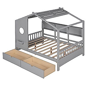 DEYOBED Kids Wooden House Bed, Full Size House Bed Frame with Storage Shelf, 2 Drawers and Roof for Boys Girls, Kids Montessori Bed with Playhouse Design for Bedroom, Space-Saving, Full, Gray
