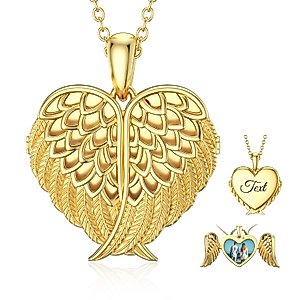 SOULMEET 10k 14k 18k Solid Yellow Gold Angel Wings Heart Shape Locket Necklace That Holds 2 Pictures Personalized Letters Engraved Custom Image Locket (Custom Photo & Text)