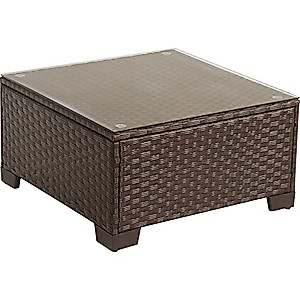Rattaner Patio Furniture Wicker Coffee Table Outdoor Garden Square Side Table with Tempered Glass Top Brown