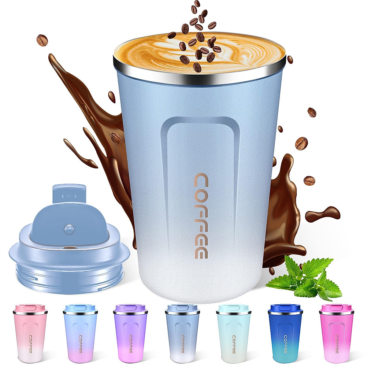 JTRYEMU Travel coffee mug 12 oz Insulated Coffee cup with lid reusable Leak proof Coffee Tumbler Stainless Steel Vacuum Gradient Colorful Thermos cup Thermal Keeps Cold and Hot for Coffee/Tea