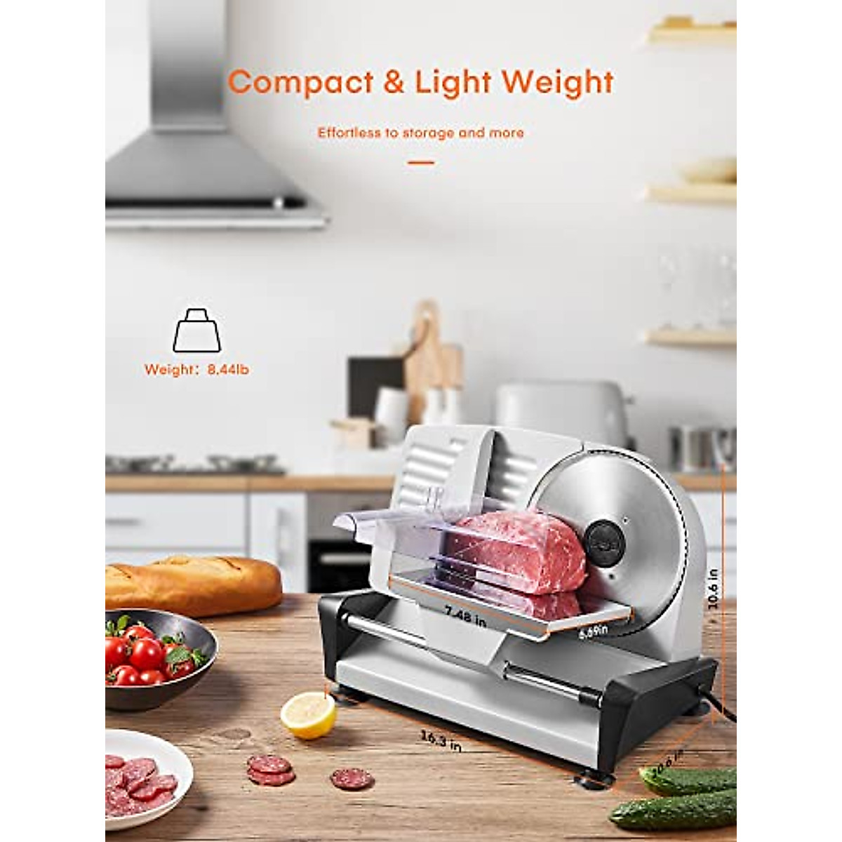 HOUSNAT Meat Slicer for Home Use, Electric Deli Food Slicer Machine with Two 7.5'' Blade and 0-15 mm Adjustable Thickness for Meat, Cheese, Bread, Include Food Pusher, 150W