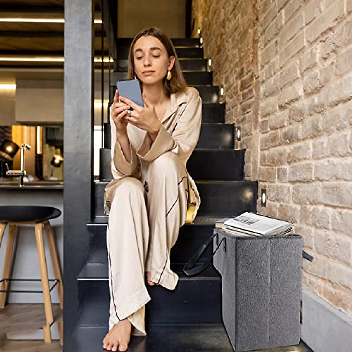 ZOOS Hard Stair Basket with Handles, Foldable Stair Step Basket Organizer, 16.7" Cube Stair Storage Basket for Wooden Carpeted Stairs Storage Bin Cubes