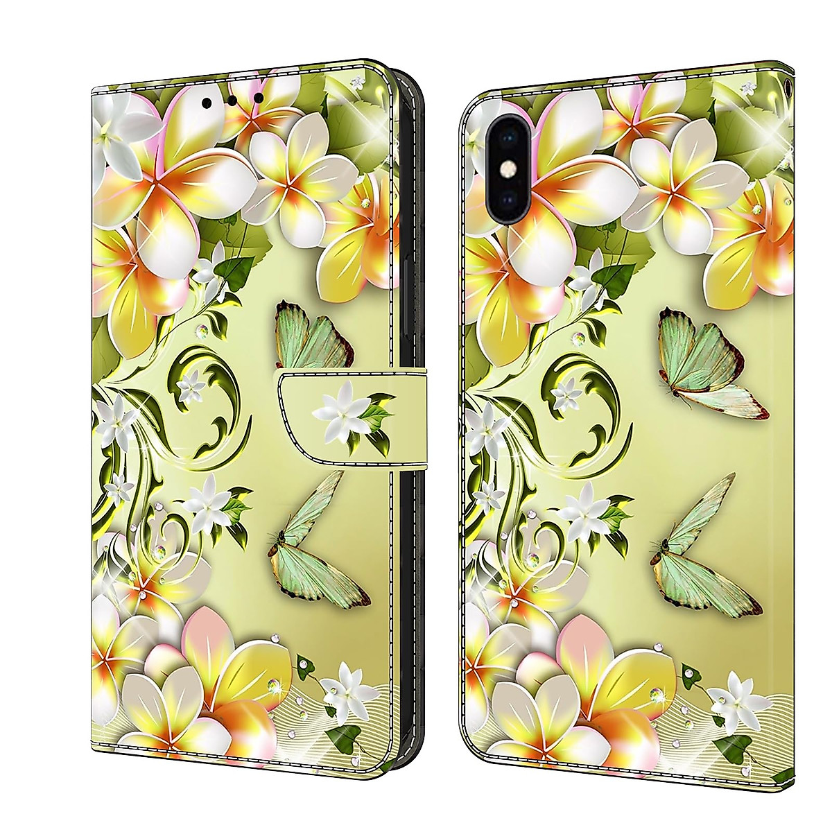 VODEFOX Wallet Case Compatible with iPhone 15 Case,Cute 3D Print Design Flip Folio Leather 2023 Phone Case Wallet leather Butterfly with Card Holder Magnetic Closure - Green Floral Butterfly