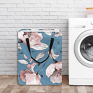 Blossom Flower in Blue Print Collapsible Laundry Hamper, 60L Waterproof Laundry Baskets Washing Bin Clothes Toys Storage for Dorm Bathroom Bedroom
