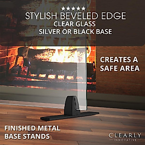 Premium Tempered Glass Fireplace Screen with Exclusive Beveled Edge | 29" H x 39" W Glass (30” H Installed) | Clear Glass, Metal Black Base | The Ultimate in Home Elegance by Clearly Innovative
