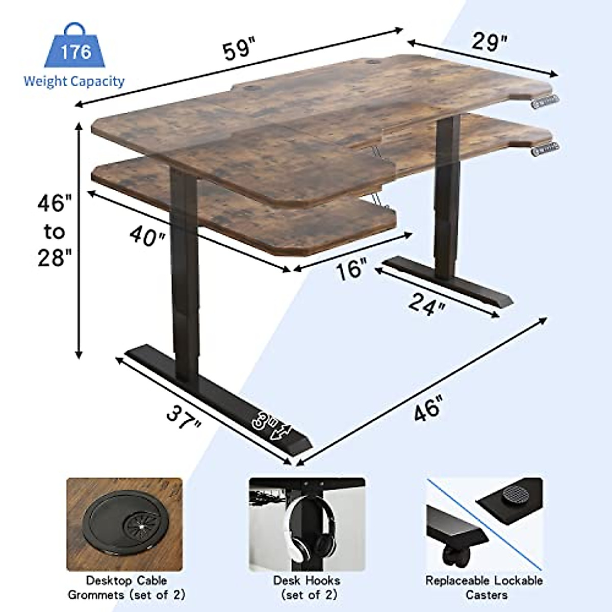 BUNOEM L-Shaped 59" Height Adjustable Electric Standing Desk, Sit and Stand Up Home Office Computer Desk with Splice Board (Rustic Brown Top, Black Frame)