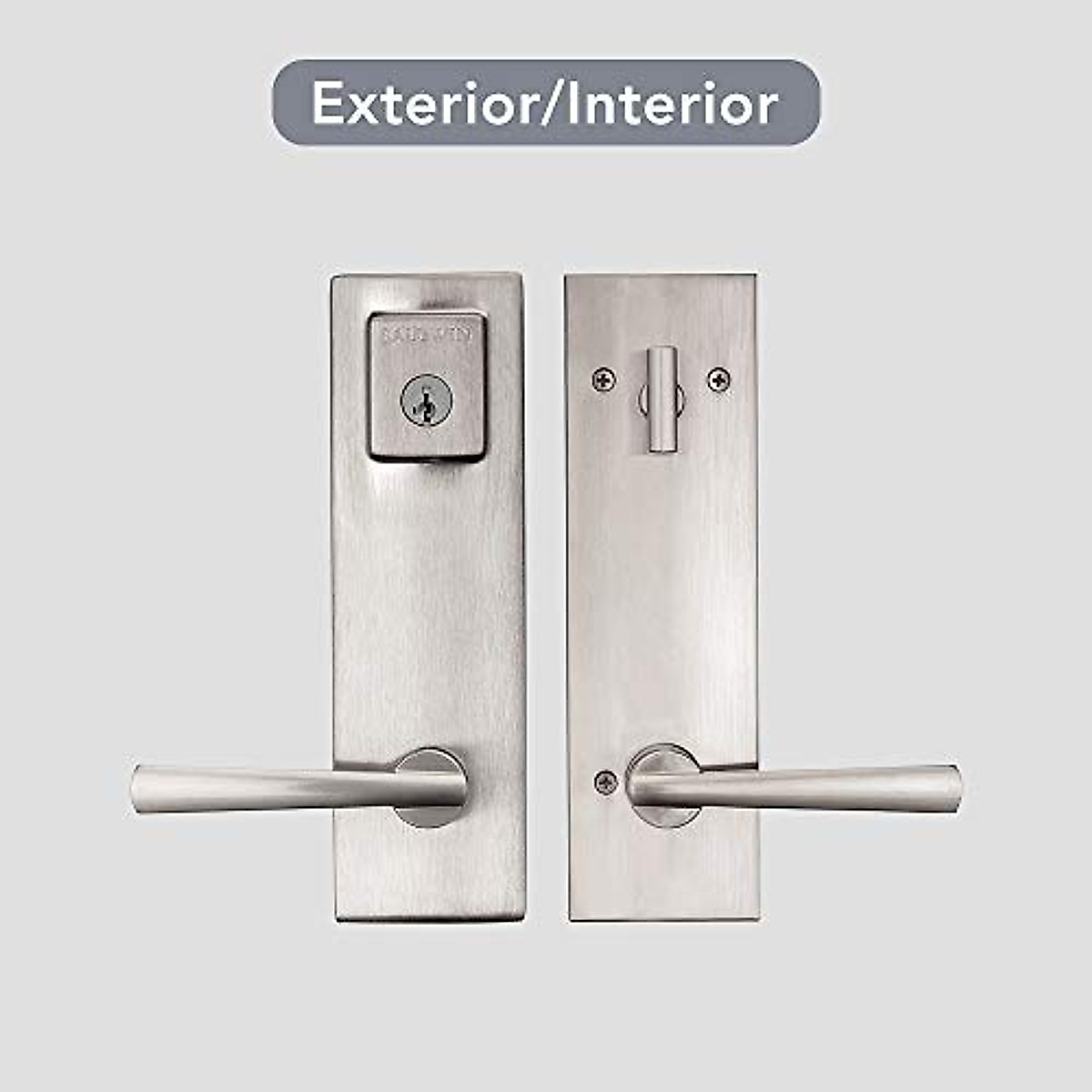 Baldwin Spyglass Single Cylinder Front Door Handleset Featuring SmartKey Security in Satin Nickel, Prestige Series with a Modern Contemporary Slim Door Handleset and Square Lever