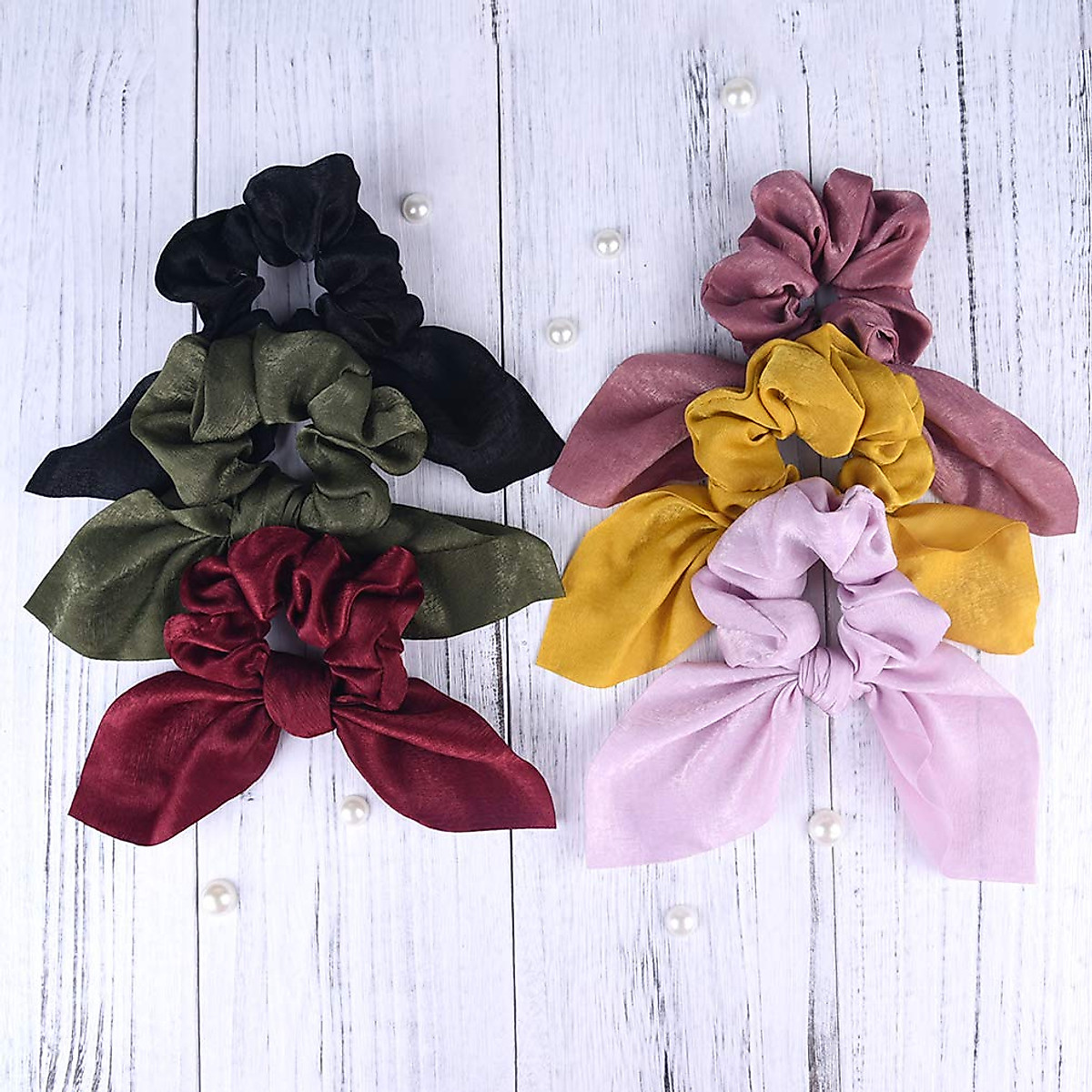 6PCS Hair Scrunchies Satin SilkRabbit Bunny Ear Bow Bowknot Scrunchie Bobbles Elastic Hair Ties Bands Ponytail Holder for Women Accessories 01 Classic color