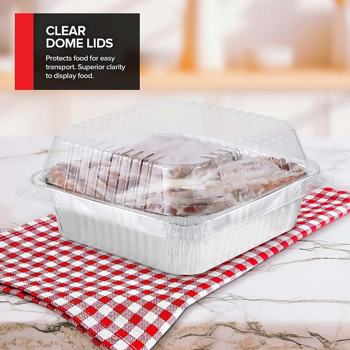 Stock Your Home (50 Pack 8x8 Disposable Baking Pans with Lids, Heavy Duty Square Aluminum Cake Pan with Lid, Foil Trays with Clear Plastic Cover, Food Take Out Container for Baked Goods