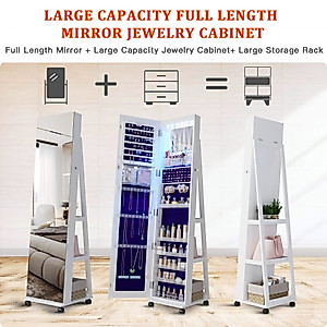 Lvifur 360° Rotating 64'' Jewelry Armoire with 6 LEDS, Full Length Mirror Large Capacity Jewelry Organizer Armoire, Lockable Floor Standing Mirror with 4 rollers for Bedroom, Cloakroom