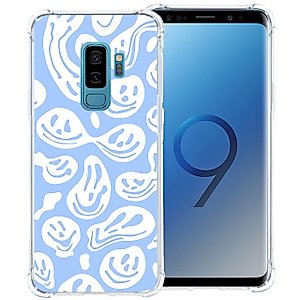 zaztify Phone Case for Samsung Galaxy S9 Plus, Pastel Light Blue White Funny Trippy Dripping Smile Melted Hippie Smiling Skull Ghost Face Cute Shockproof Protective Clear Cover Shell