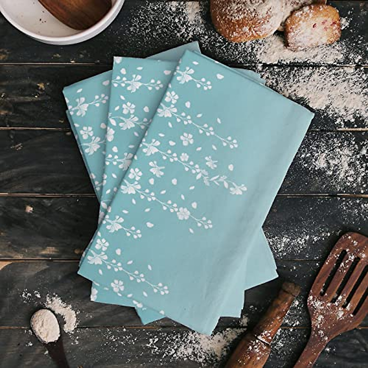 Yun Nist Kitchen Dish Towels,White Flower Vine Blossom Cherry Soft Microfiber Dish Cloths Reusable Hand Towels,Falling Floral Teal Gradient Back Washable Tea Towel for Dishes Counters 1 Pack