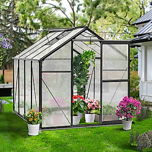GarveeLife 6x8 FT Outdoor Greenhouse, Polycarbonate Green Houses for Outside, Heavy Duty Large Walk in Green House for Plants with Aluminum Frame, Roof Vent, Rain Gutters for Garden Backyard