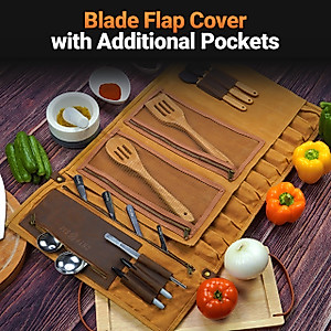 Chef Knife Roll Bag | 16oz ULTRA Wax Canvas & Top Grain Leather | 22 Slots & 4 Zipper Pouch | Double Stitch | Water-Resistant | Cleaver Pouch | Knife Organizer for Chefs and Culinary Students