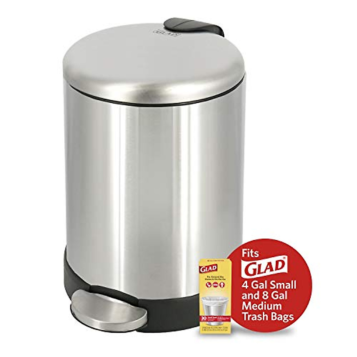 Glad Small Trash Can, 1.2 Gallon | Round Stainless Steel Garbage Bin with Soft Close Lid & Step Foot Pedal | Metal Waste Basket with Removable Inner Bucket, Stainless