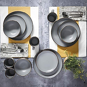 Gibson Home Rockaway Dinnerware, Service for 4 (16pcs), Grey/Gold Rim