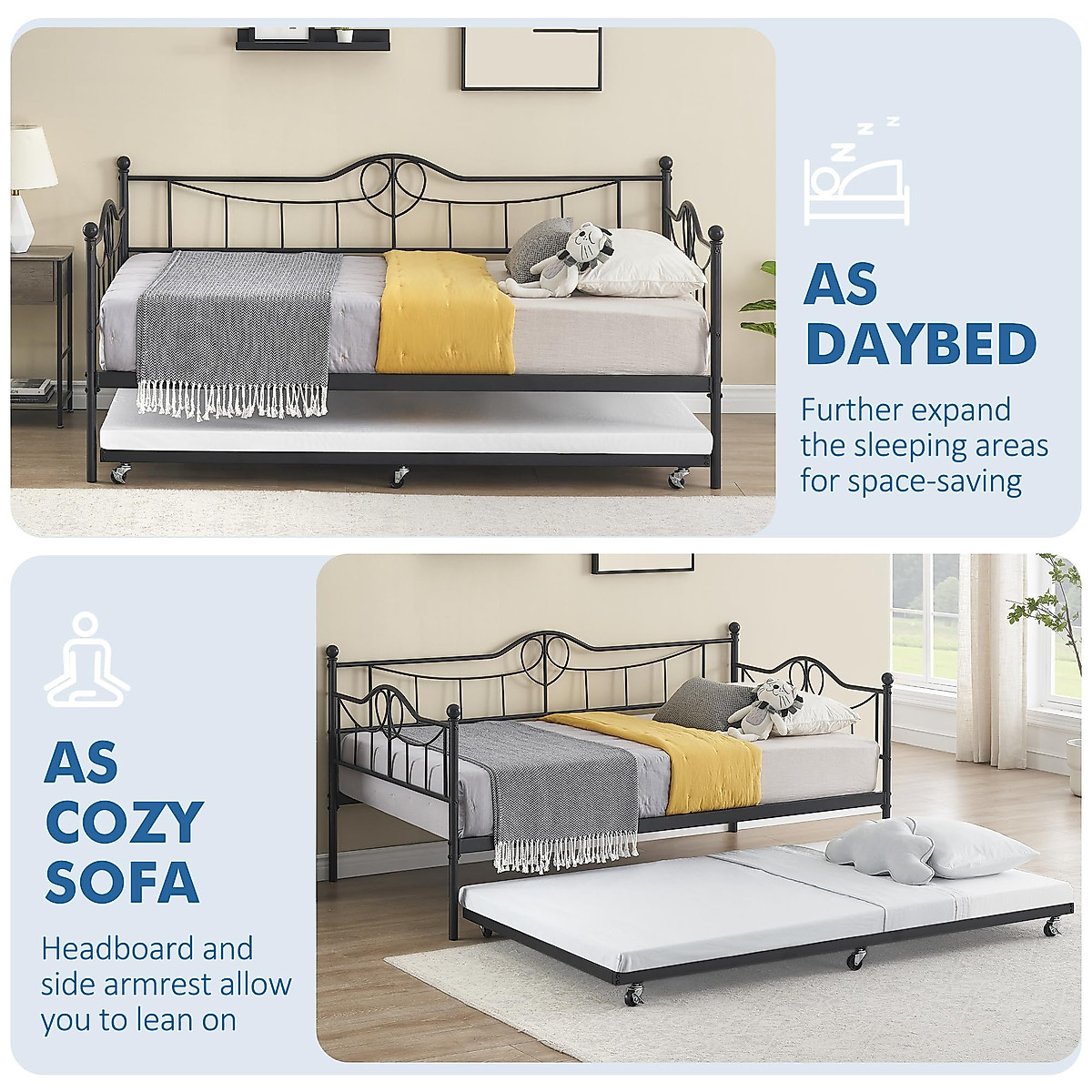 IDEALHOUSE Twin Bed with Trundle, Twin Daybed Metal Guest Sofa Bed Frame for Living Room, Bedroom, Heavy Duty, No Box Spring Needed, Space Saving, Black