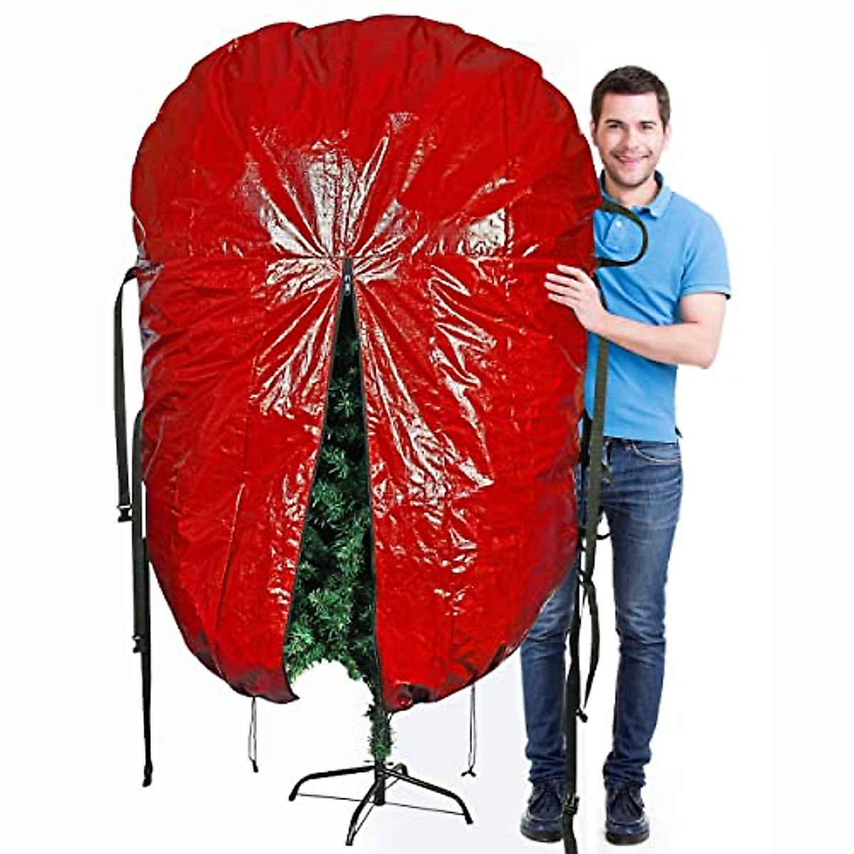 ProPik Upright Christmas Tree Storage Bag - Fits 7.5 Ft. Xmas Tree - Heavy Duty Polyethylene, Waterproof Bag for Christmas Tree Storage - Reusable, Adjustable, Zipper Closure, Ergonomic Handles for Transportation (7.5ft, Red)