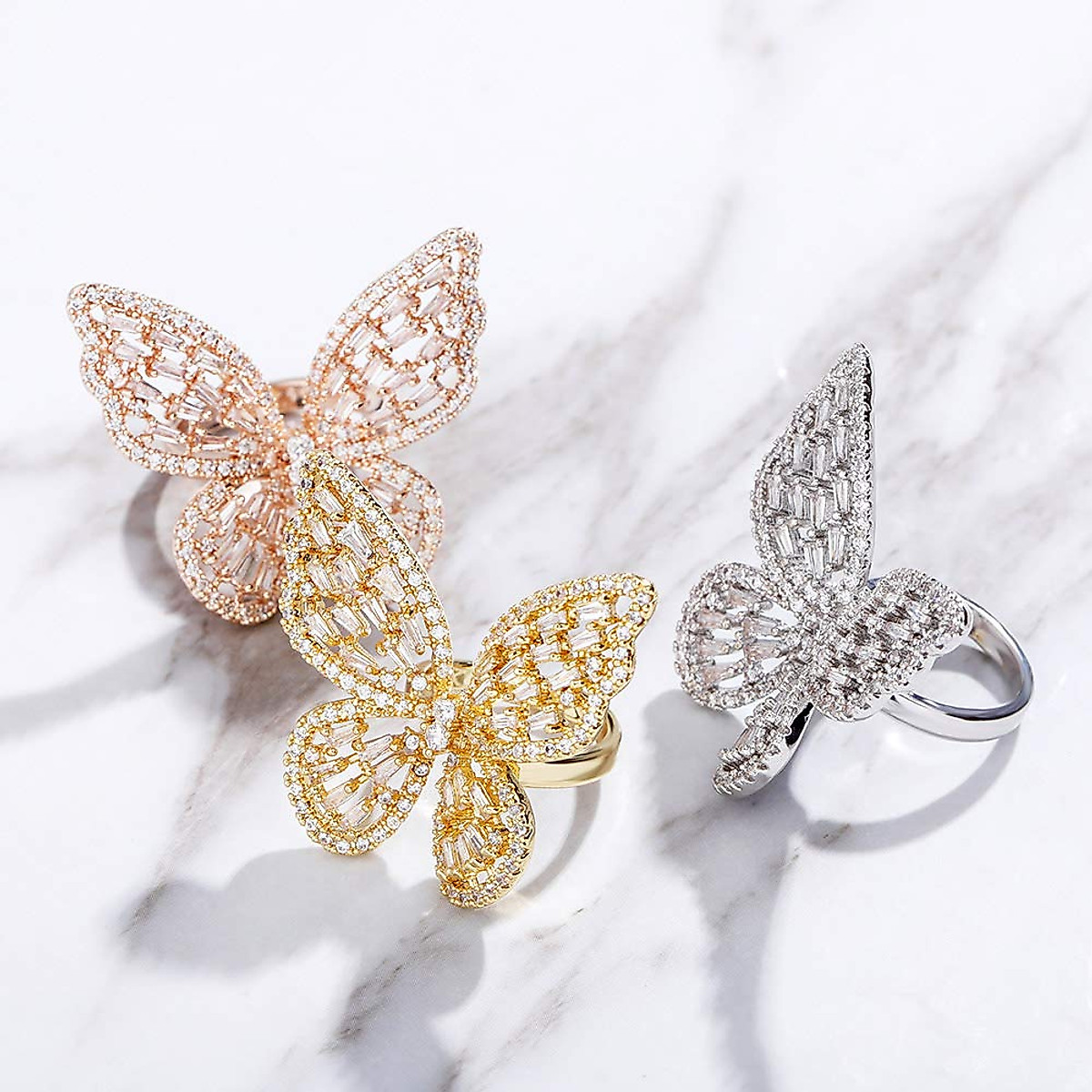 Gold Adjustable Butterfly Rings for Women Cubic Zirconia Ring Jewelry (Gold)
