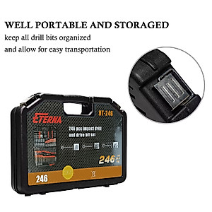 ETERNA Drill Bit Set, 246 PCS Titanium HSS Drill Bit Kit Screwdriver Bit Kit, with Carry Case for Metal, Masonry, Wood, Plastics Cement Drilling