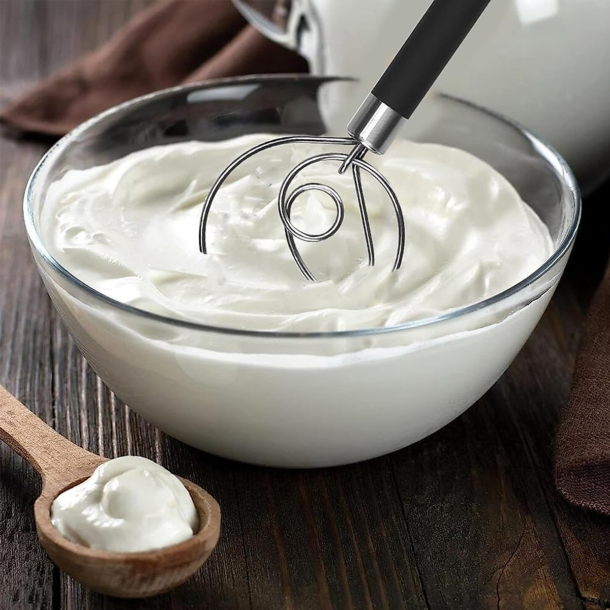 Guowall Stainless Steel Dough Whisk for Dutch Bread with Rubber Anti-Slip Handle 12 inch Dough Blender Mixer Baking Tools for Cake Bread Pizza Pastry Biscuits