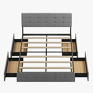ZAFLY Platform California King Size Bed Frames with Square Button Tufted Headboard,Cal King Bed Frame with 4 Storage Drawers,Wooden Slats Support,No Box Spring Needed,Easy Assembly,Dark Grey
