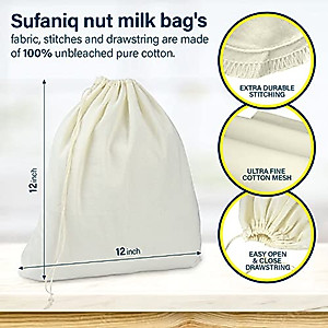 Sufaniq Nut Milk Bag - 2 Pack (12 x 12 Inches) 100% Unbleached Cotton Cheesecloth Bag, Premium Quality Reuseable Nut Bag Strainer for Almond, Soy, Oat Milk, Tea, Juices, Cold Brew Coffee