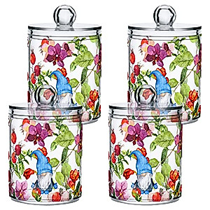 Kigai 2PCS Gnomes Flowers Qtip Holder Dispenser with Lids - 14 oz Bathroom Storage Organizer Set, Clear Apothecary Jars Food Storage Containers, for Tea, Coffee, Cotton Ball, Floss