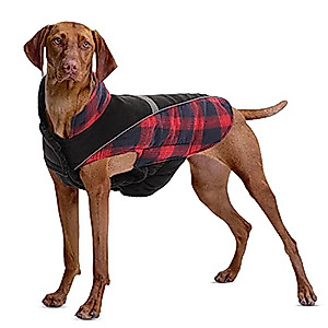 SAWMONG Dog Coat, British Style Plaid Dog Jacket with Reflective Strap, Windproof Waterproof Reversible Dog Winter Coat, Fleece Dog Vest with Furry Collar, Pet Apparel Cloth for Small Medium Large Dog
