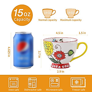superyes Large Floral Ceramic Coffee Mug, Cute Daisy Cappuccino Latte Ceceal Cup (Red-Yellow-Green, 15 oz x 4 pcs)
