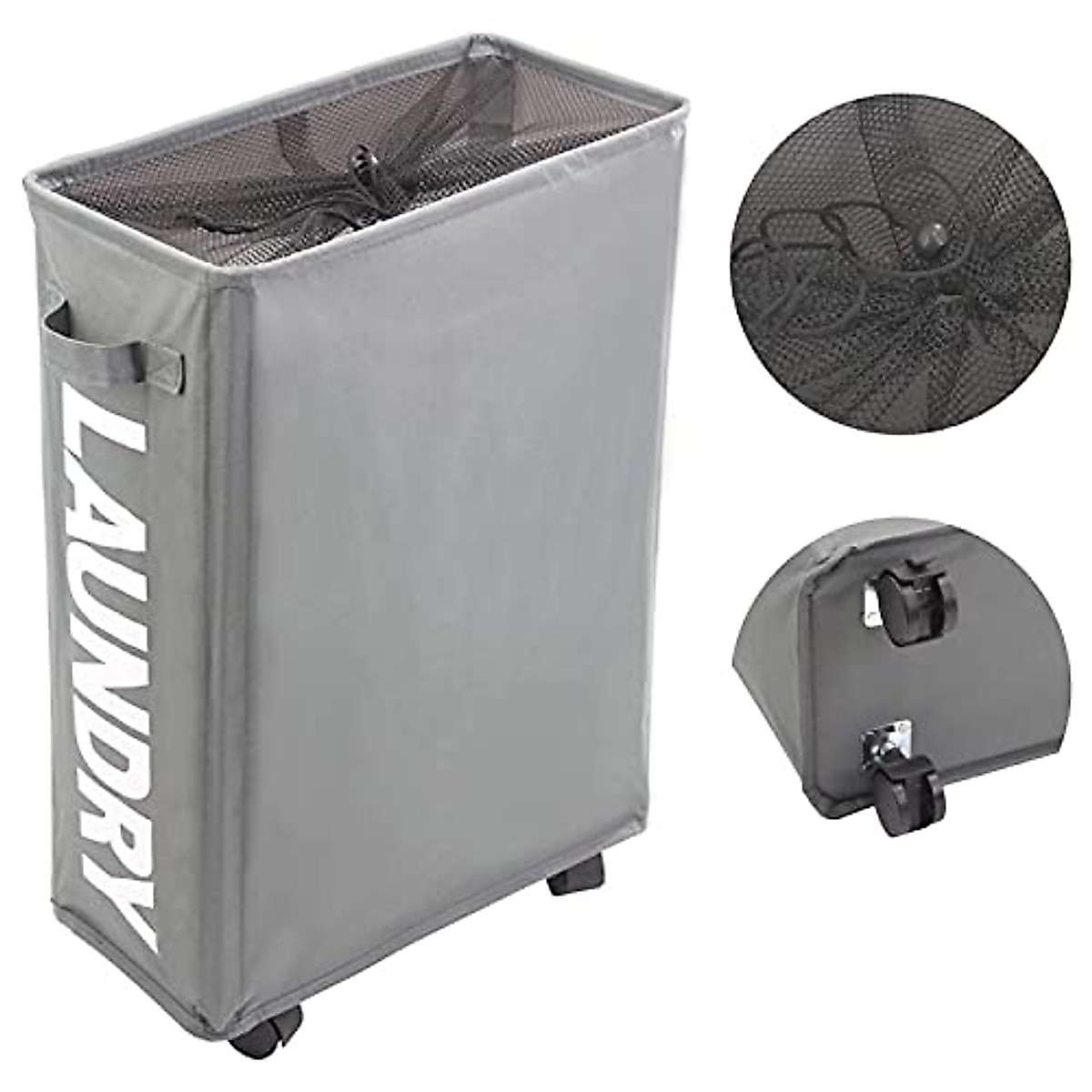Mziart 22" Rolling Laundry Baskets on Wheels, Collapsible Slim Laundry Hamper Canvas Flexible Laundry Bag Storage Bin Organizer Dirty Clothes Sorter for Laundry Room Organization and Storage (Grey)