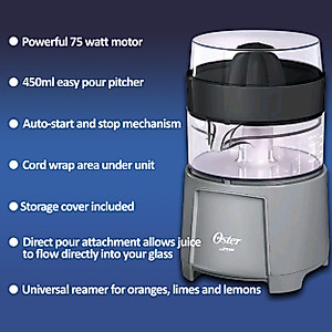 Oster Electric Citrus Juicer, High-Performance Silver 75 Watt Motor Electric Orange Juice Squeezer for Oranges, Lemons, and Limes