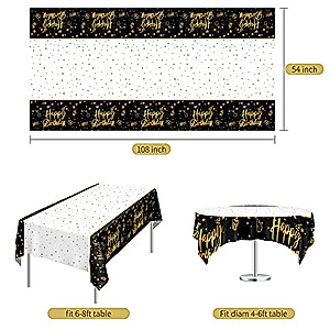 Ruisita 2 Pack Black Gold Table Cloth Cover Happy Birthday Tablecloth Party Tablecloths Rectangular Table Cloth Cover for Indoor or Outdoor Parties Birthdays