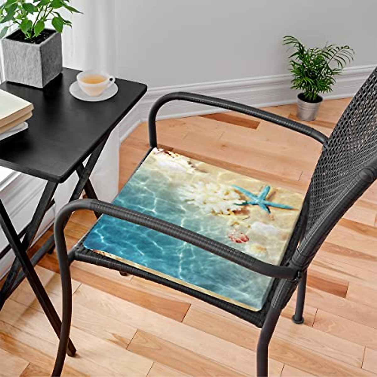 Beach Theme Starfish Coral Seashell Seat Cushion, Memory Foam Chair Cushion 16x16inch with Washable Cover Soft Indoor Seat Cushions Pillow Square Chair Pad for Dining Office Chair, Car, Patio