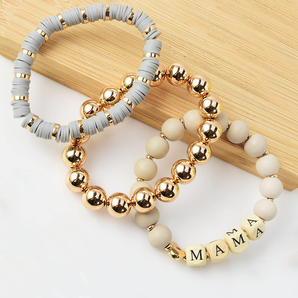 GOOJIDS Mama Bracelets For Women Stack Gold Layered Beaded Bracelet Jewelry Birthday Gifts for Mom From Daughter,son, New Mom Gifts for MAMA,Best Mom Gifts