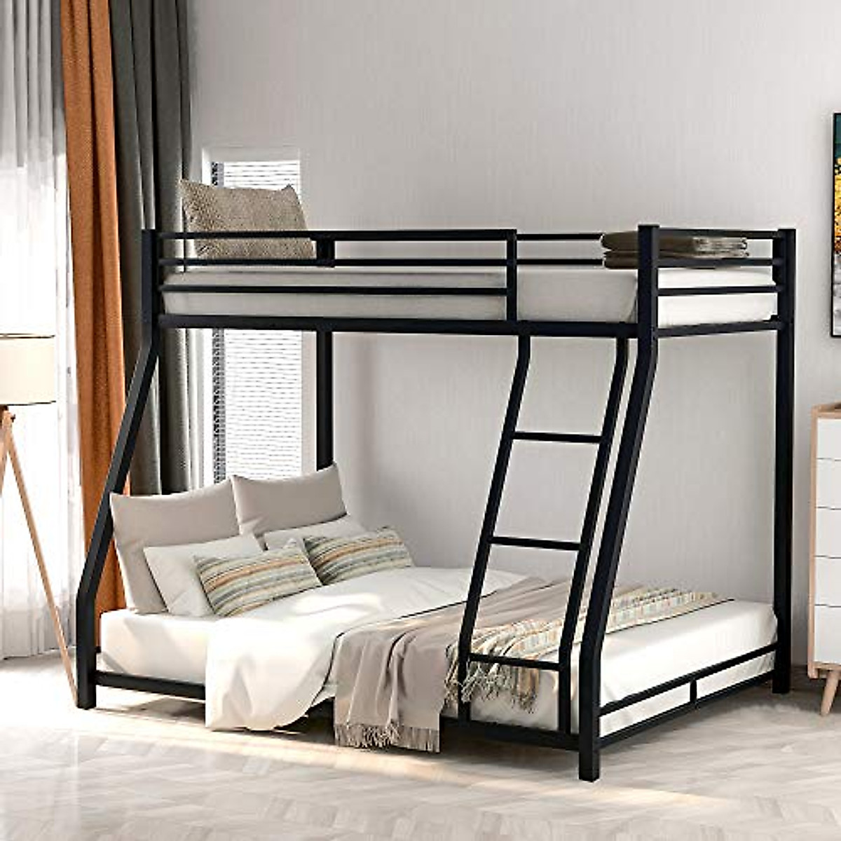 JJRY Twin Over Full Floor Bunk Bed with Inclined Ladder, Stable Metal Bed Frame for Teens/Kids/Adults (Black)