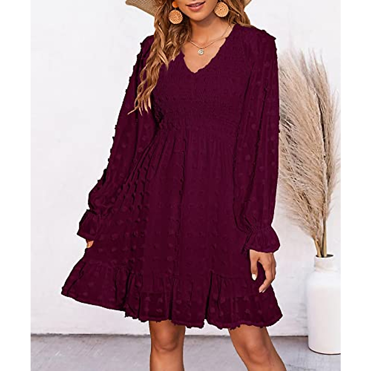 BTFBM Women Long Sleeve V Neck Smocked Short Dress Flowy Casual SwissDot Ruffle Mini Babydoll Summer Fall Dresses 2023(Solid Wine Red, Large)