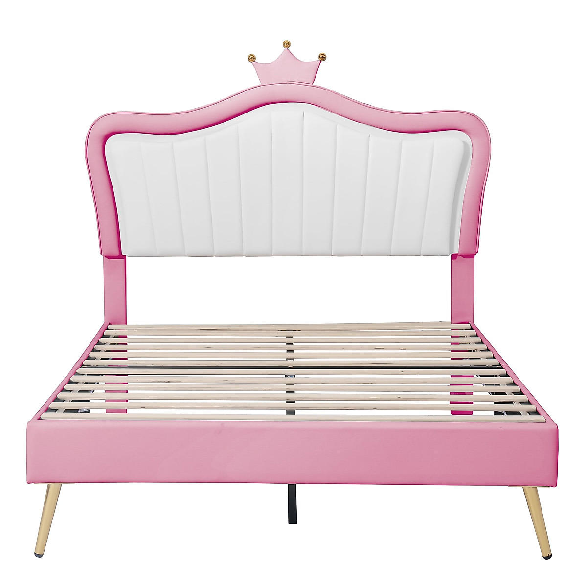 CITYLIGHT Full Size Upholstered Princess Bed with Crown Headboard, Wood Cute Kids Bed Frame Full with LED Lights and Metal Legs for Girls, No Box Spring Required (Full,Pink)