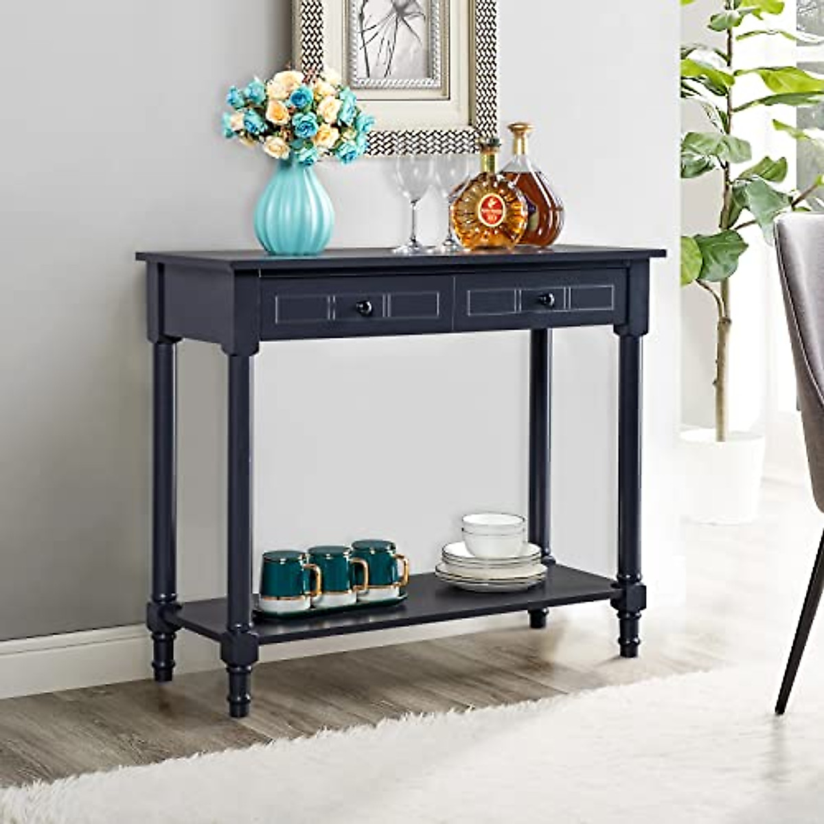 Karl home Console Table with 2 Drawers, Narrow Sofa Side Table Entryway Desk with Bottom Storage Shelf, TV Stand for Living Room Hallway Office, Navy Blue/Black 29.7" H