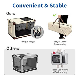 Pecait Soft Collapsible Dog Crate, 42 Inch Portable Travel Dog Crate for Extra Large Dogs 4-Door Durable Breathable Mesh Window Indoors Outdoors Kennel with 2 Foldable Dog Bowls (Beige)