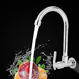 Kitchen Faucet, Water Sink Faucet Single-Tube Cold Wall-Mounted, 360° Rotatable G1/2inch Water Kitchen Tap Without Hose, Copper Outlet, Silver(Wall-Mount, No Basin Faucet)