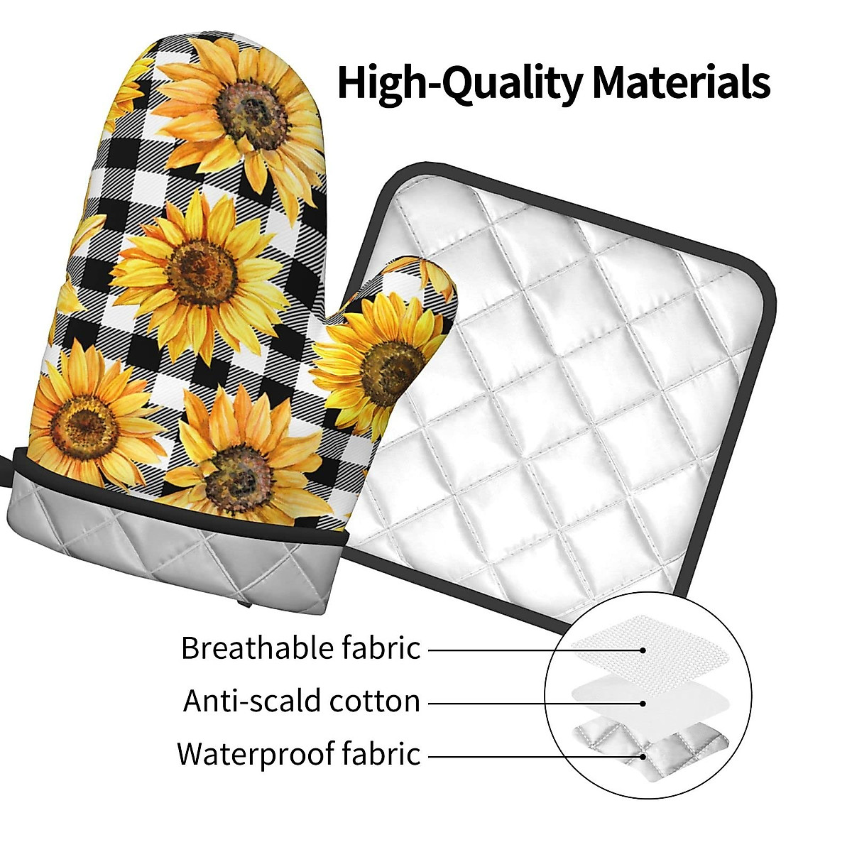 Beautiful Sunflower Buffalo Plaid Oven Mitts Pot Holders,Resistant Oven Mitts Pot Holders for Cooking BBQ Baking Kitchen Decor(2 Piece)