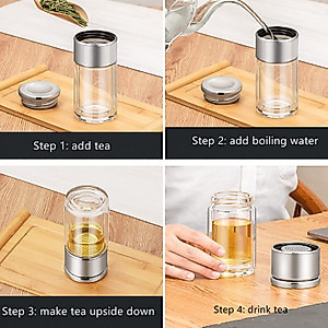 LeYin double wall glass water bottle, travel cup with filter screen, tea and water separation cup for fruit loose leaf tea and cold brewing coffee (silver)