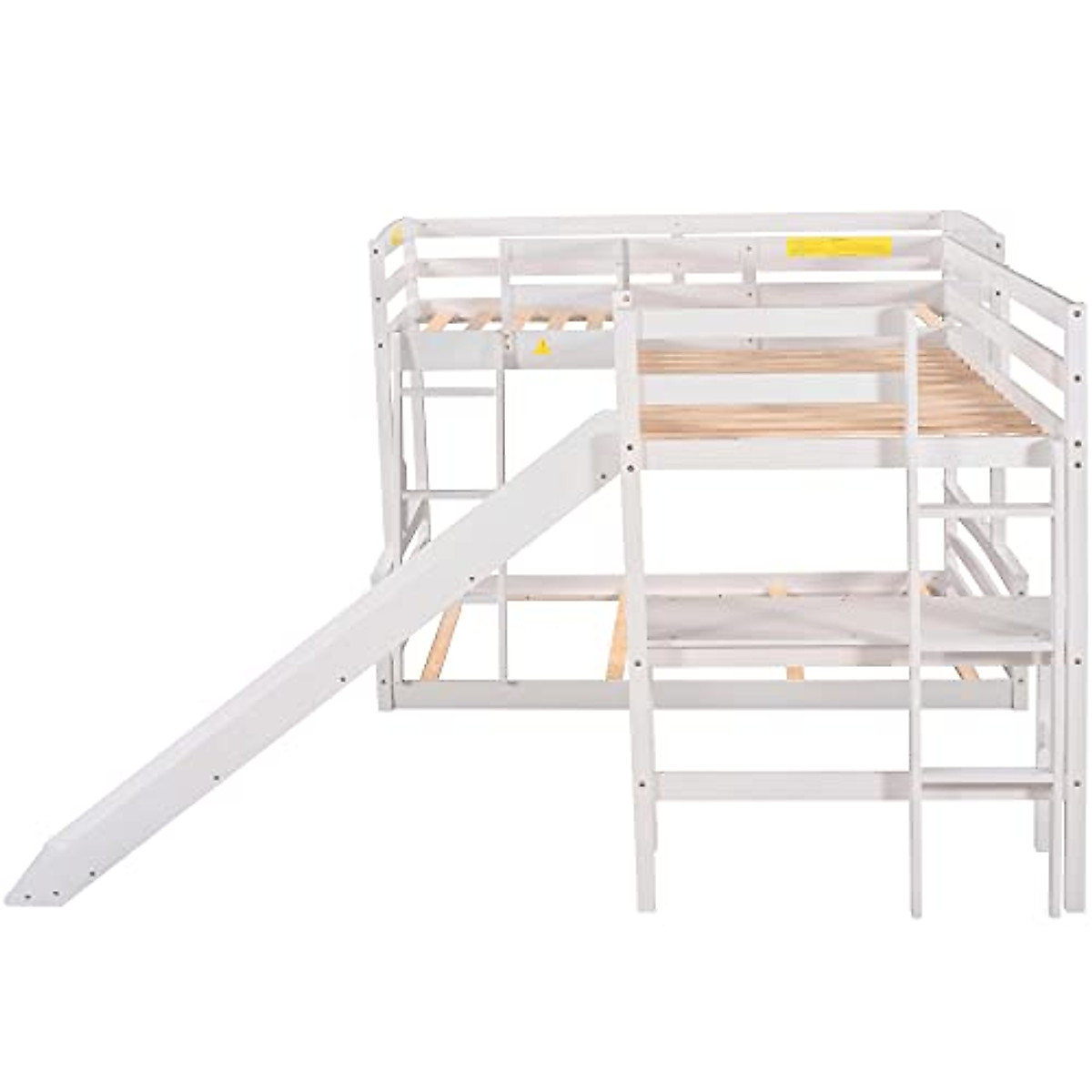 GINGVAT L Shaped Bunk Beds for 3, Wooden Triple Bunk Bed with Slide and Desk, Twin Over Full Bunk Bed & Twin Size Loft Bed with Desk for Kids Teens,No Spring Box Needed,White
