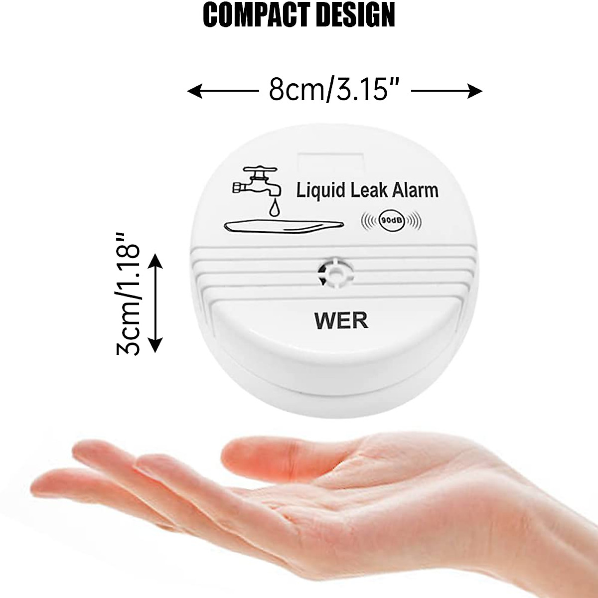 WER Water Leak Alarm Sensor, Battery Operated Leak Alert, 90dB Water Detector for Basements, Bathrooms, Laundry Rooms, Kitchens, Garages and All Office Areas (Shipped Without Battery, 2 Pack)