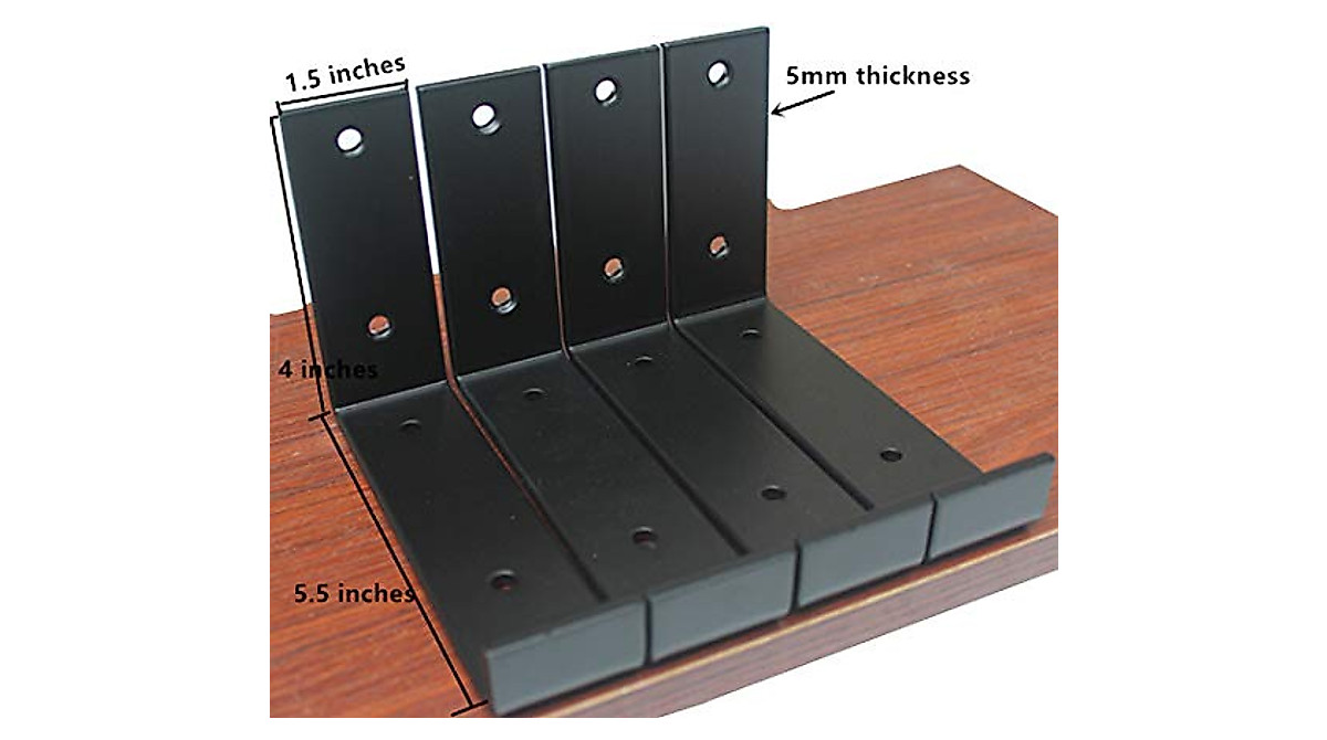 Heavy-Duty 4 Pack Black Hook Shelf Brackets - 5mm Thick