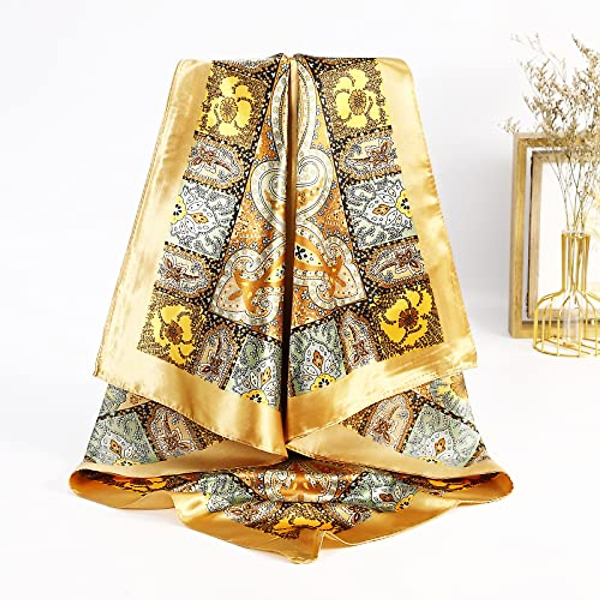 AWAYTR 35” Large Square Satin Head Scarf - 3Pcs Satin Hair Scarves Silk Bandana Scarf Beach Headscarf Silk Feeling Scarf for Women Hair Wrap Neck Scarf Cashew(Camel/Black/Beige)