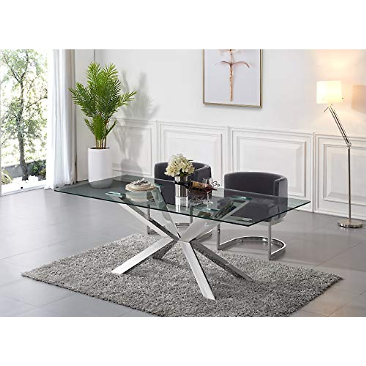 Meridian Furniture Gianna Collection Modern | Contemporary Velvet Upholstered Dining Chair with Polished Chrome Metal Frame, 24" W x 22" D x 29.5" H, Grey