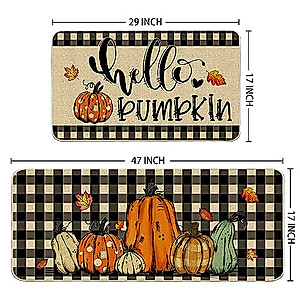 Cusugbaso Fall Kitchen Mats, Sunflower Kitchen Rugs Set of 2 - Farmhouse Plaid Pumpkins Fall Kitchen Decor for Floor - Fall Decorations for Home 17"x27+17"x47"